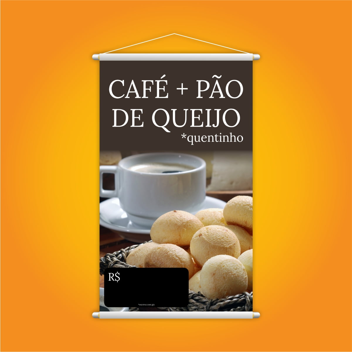 Banner Café e Pão de Queijo Quentinho com Preço Preto - Loja PlimShop